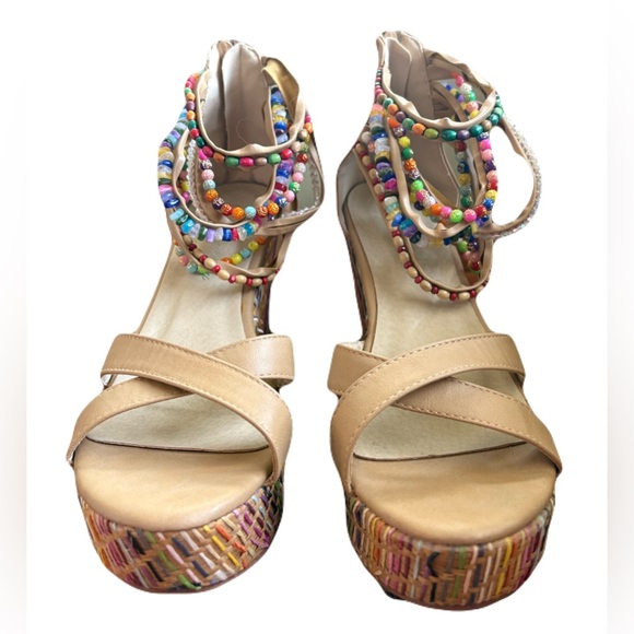 Getmorebeauty | Shoes | Colorful Beaded Tan Wedge Sandals | Poshmark